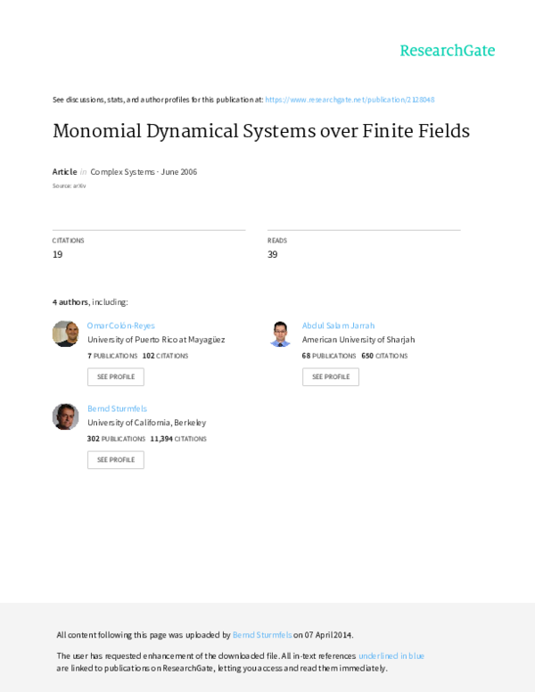 Pdf Monomial Dynamical Systems Over Finite Fields