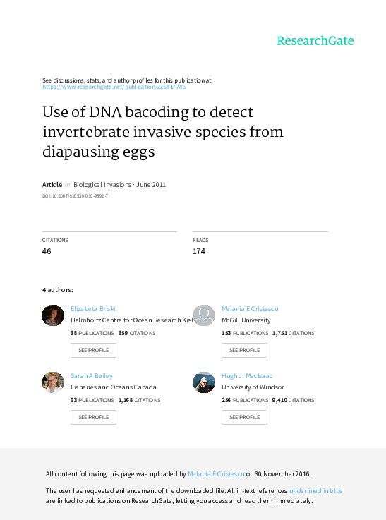 (PDF) Use of DNA barcoding to detect invertebrate invasive species from diapausing eggs
