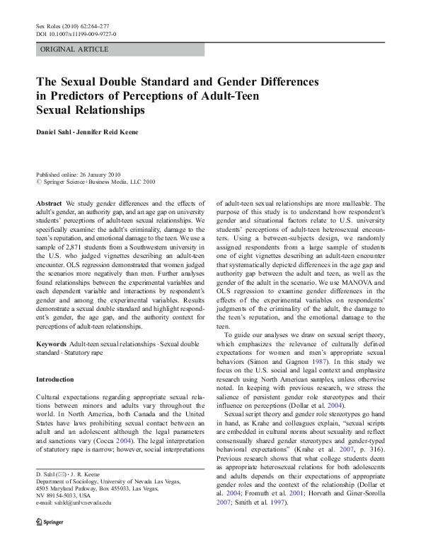 Pdf The Sexual Double Standard And Gender Differences In Predictors