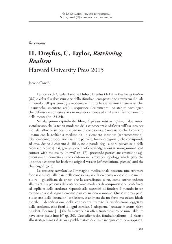 (PDF) Recensione di H. Dreyfus, C. Taylor, Retrieving Realism