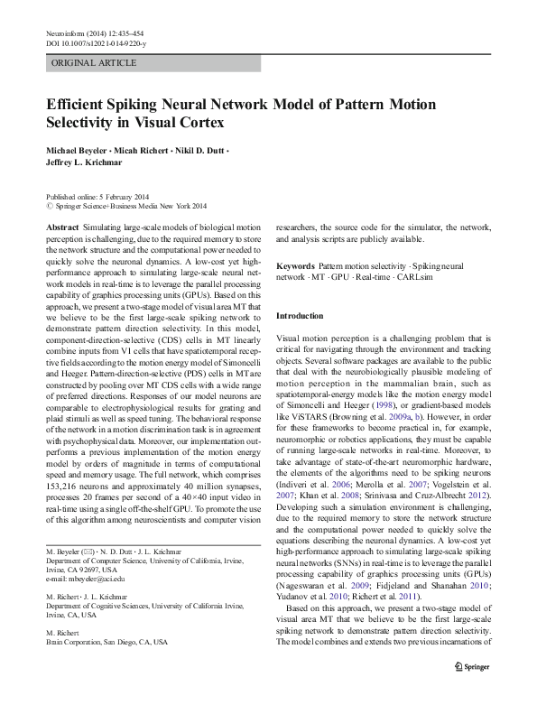 Pdf Efficient Spiking Neural Network Model Of Pattern Motion Selectivity In Visual Cortex