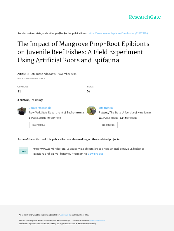 (PDF) The Impact of Mangrove Prop-Root Epibionts on Juvenile Reef ...