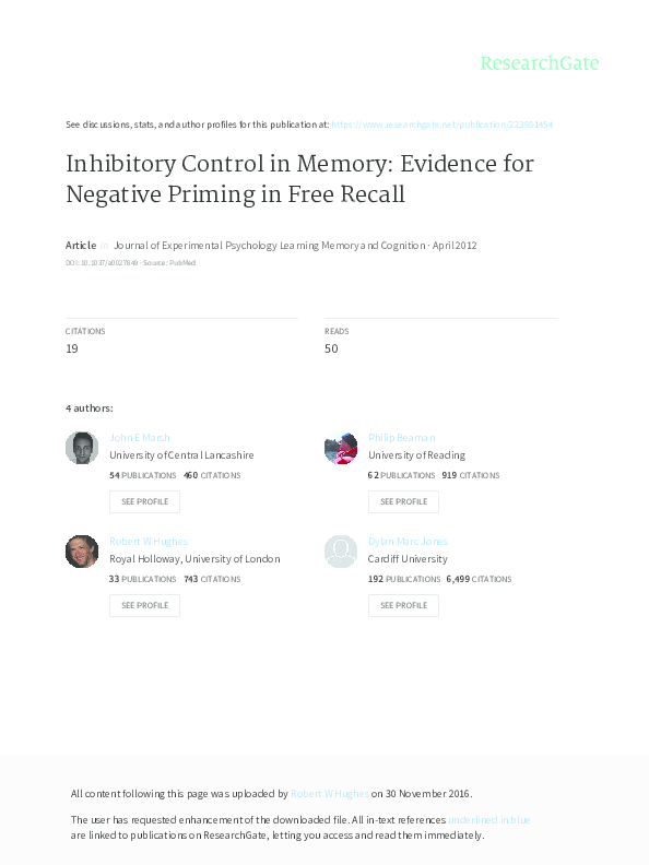 (PDF) Inhibitory Control in Memory: Evidence for Negative Priming in ...