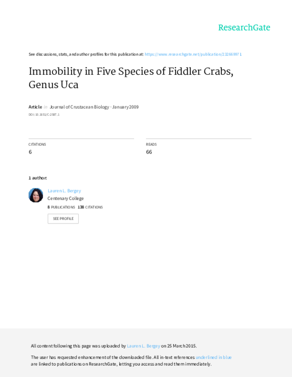 (PDF) IMMOBILITY IN FIVE SPECIES OF FIDDLER CRABS, GENUS UCA