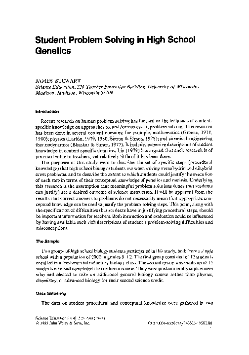 (PDF) Student problem solving in high school genetics