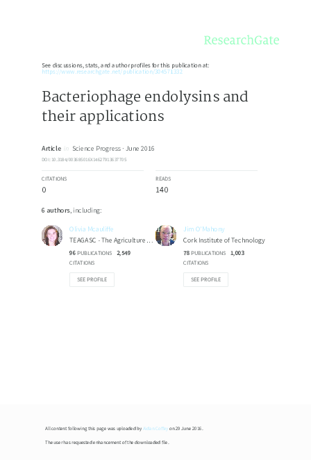 (PDF) Bacteriophage endolysins and their applications