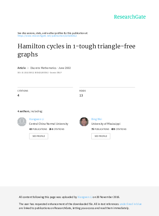 (PDF) Hamilton cycles in 1-tough triangle-free graphs