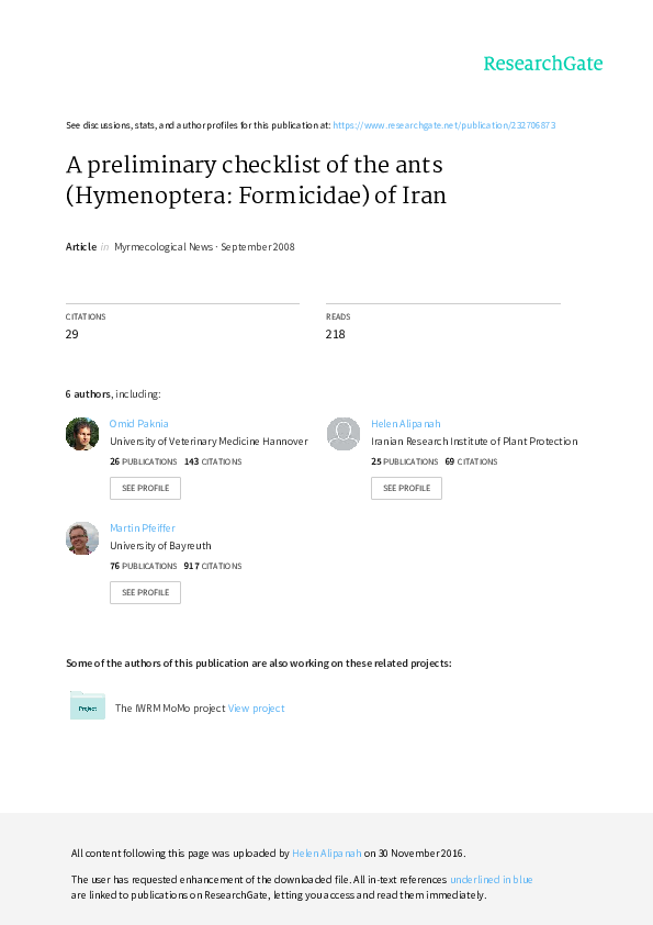 (PDF) A preliminary checklist of the ants (Hymenoptera: Formicidae) of Iran