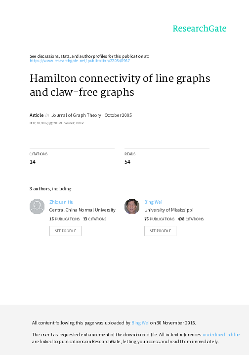 (PDF) Hamilton connectivity of line graphs and claw-free graphs