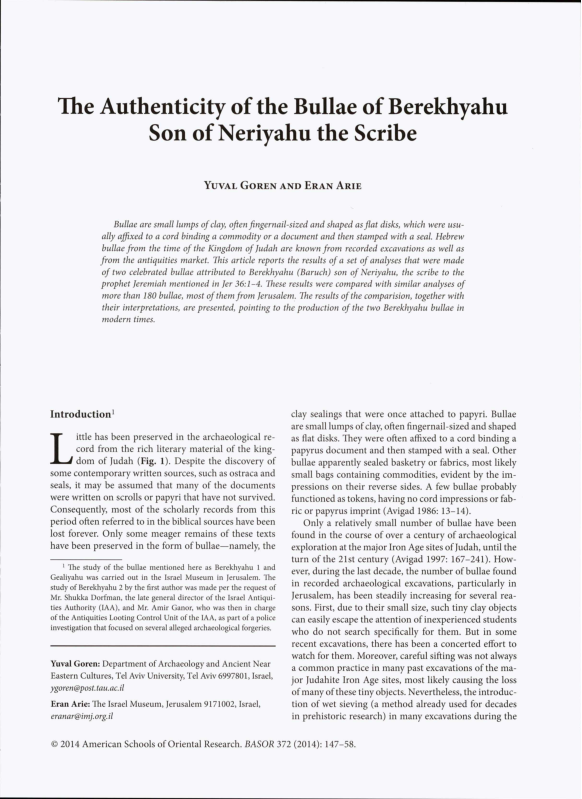 (PDF) 2014. The Authenticity of the Bullae of Berekhyahu Son of ...