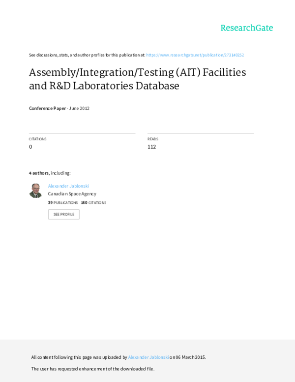 (PDF) Assembly/Integration/Testing (AIT) Facilities and R&D ...