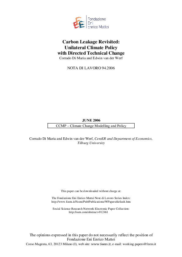 (PDF) Carbon leakage revisited: unilateral climate policy with directed ...