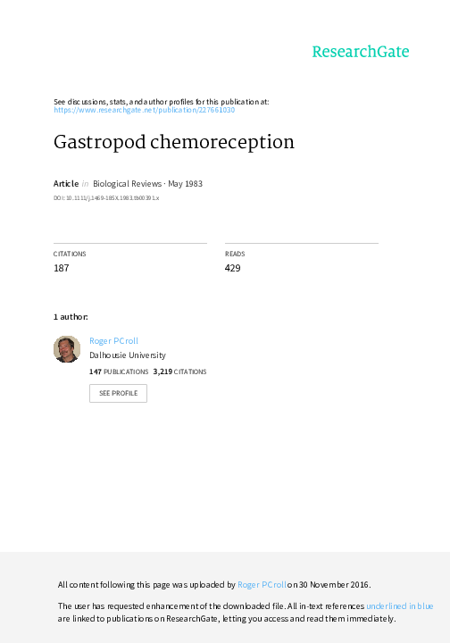 (PDF) Gastropod Chemoreception | Roger Croll - Academia.edu