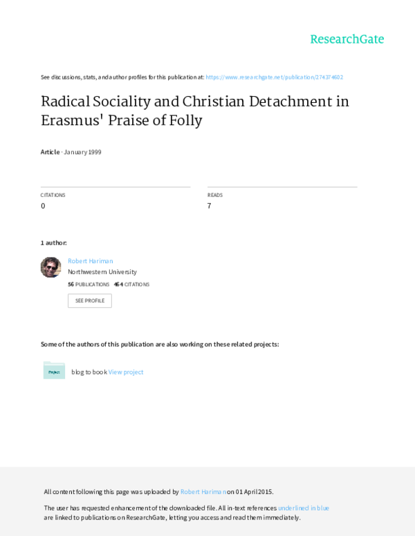 (PDF) Radical Sociality and Christian Detachment in Erasmus' Praise of ...