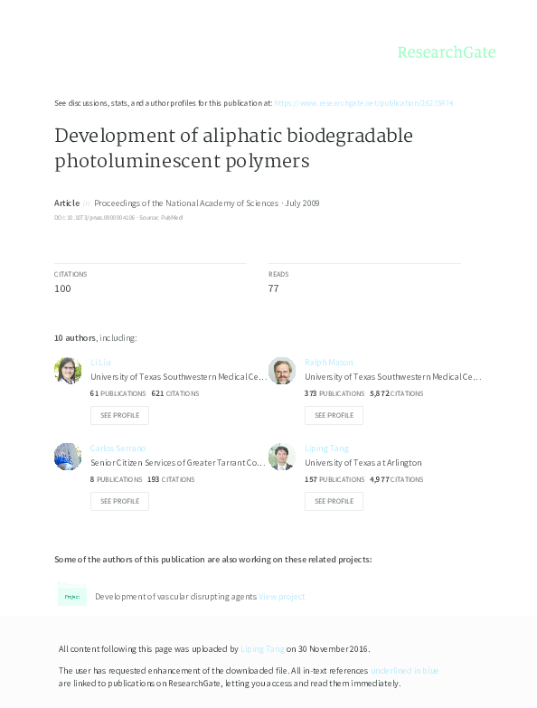 (PDF) Development of aliphatic biodegradable photoluminescent polymers