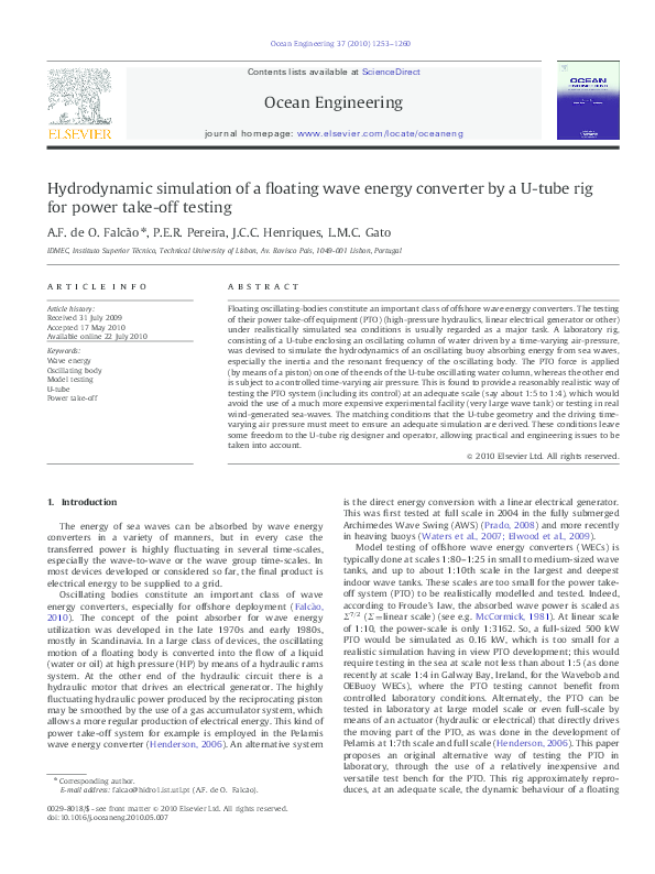 (PDF) Hydrodynamic simulation of a floating wave energy converter by a U-tube rig for power take ...