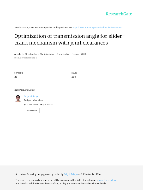 (PDF) Optimization of transmission angle for slider-crank mechanism ...