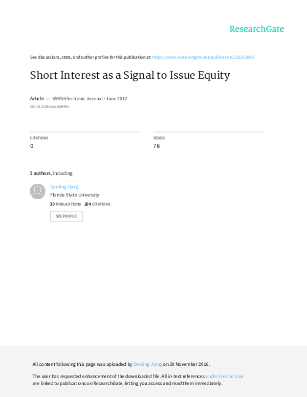 (PDF) Short Interest as a Signal to Issue Equity