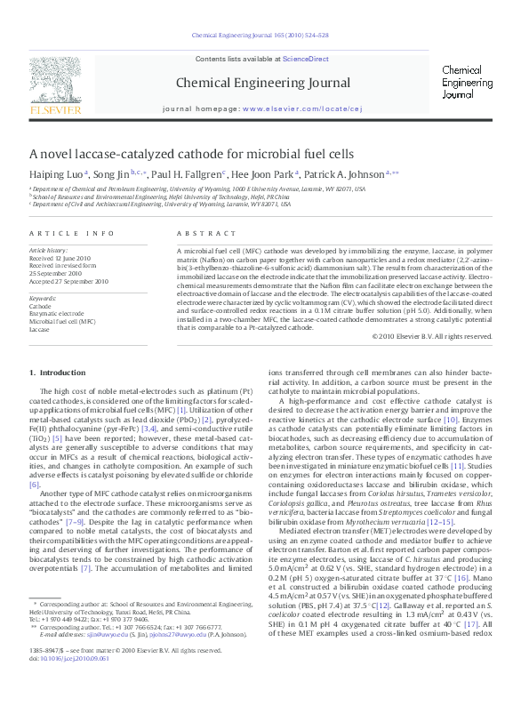 (PDF) A novel laccase-catalyzed cathode for microbial fuel cells