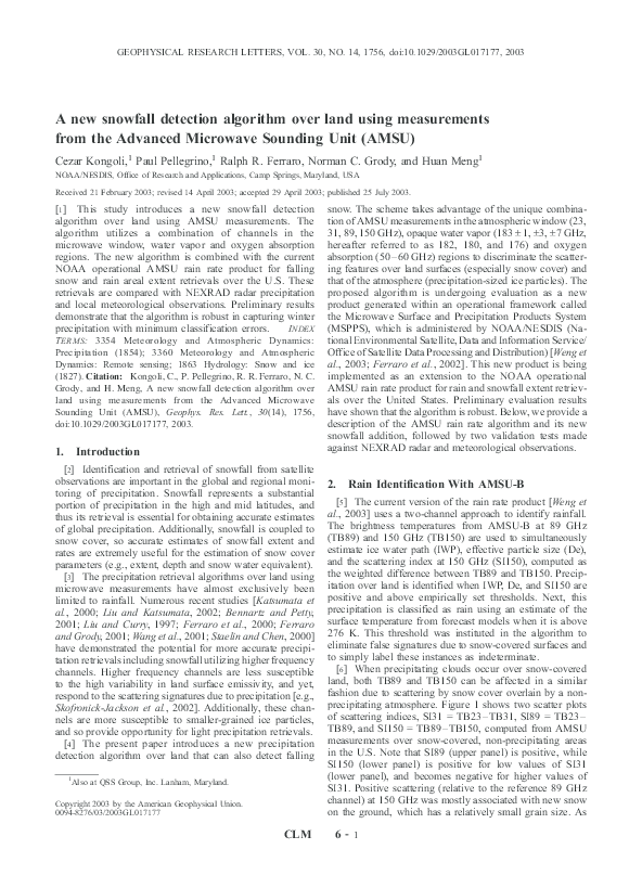 Pdf A New Snowfall Detection Algorithm Over Land Using Measurements