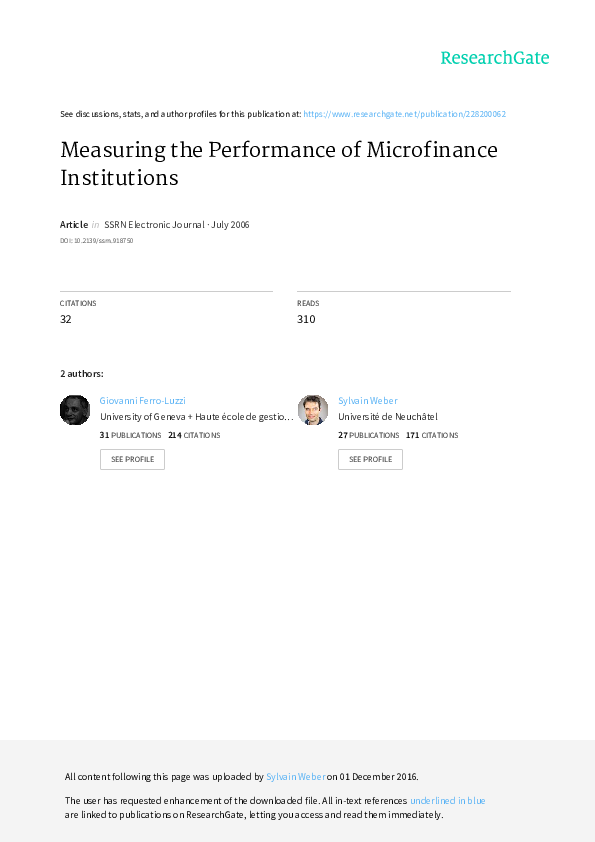 (PDF) Measuring the Performance of Microfinance Institutions