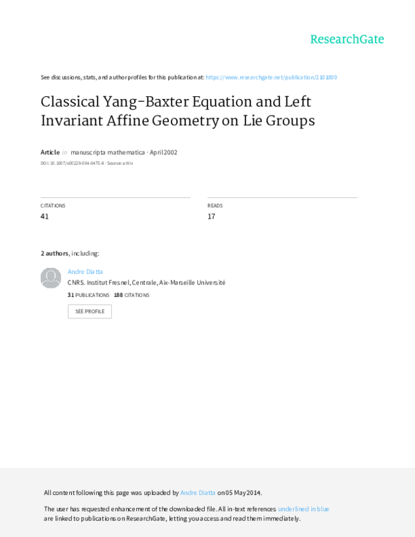 (PDF) Classical Yang-Baxter equation and left invariant affine geometry on lie groups