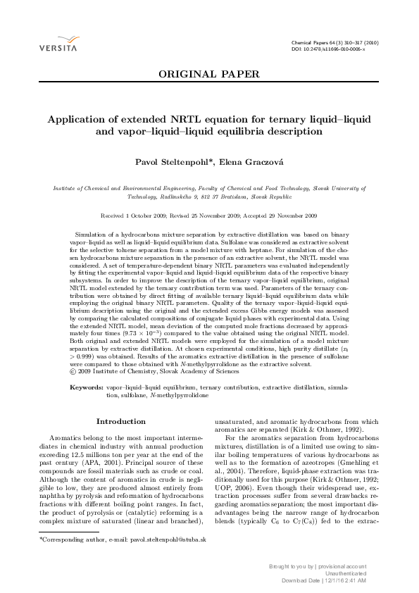 (PDF) Application of extended NRTL equation for ternary liquid-liquid ...