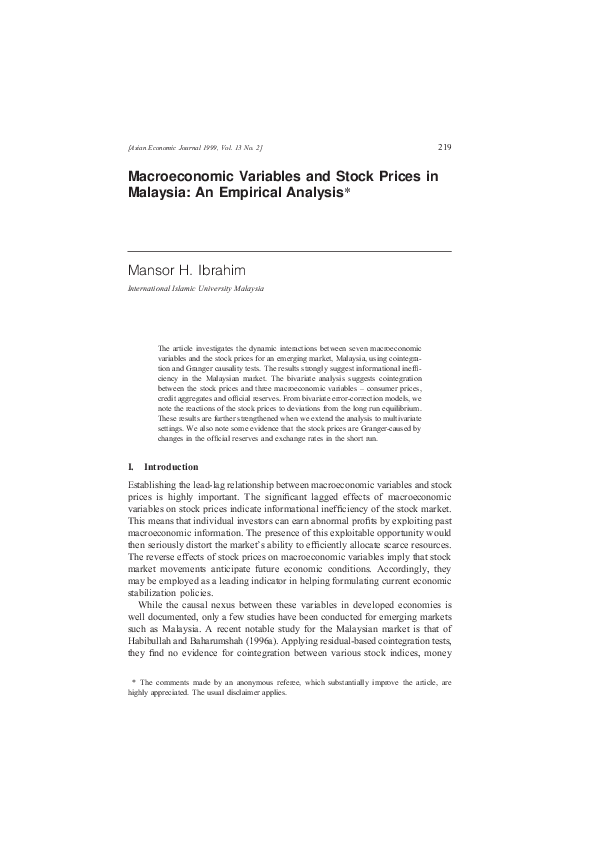 Pdf Macroeconomic Variables And Stock Prices In Malaysia An Empirical Analysis