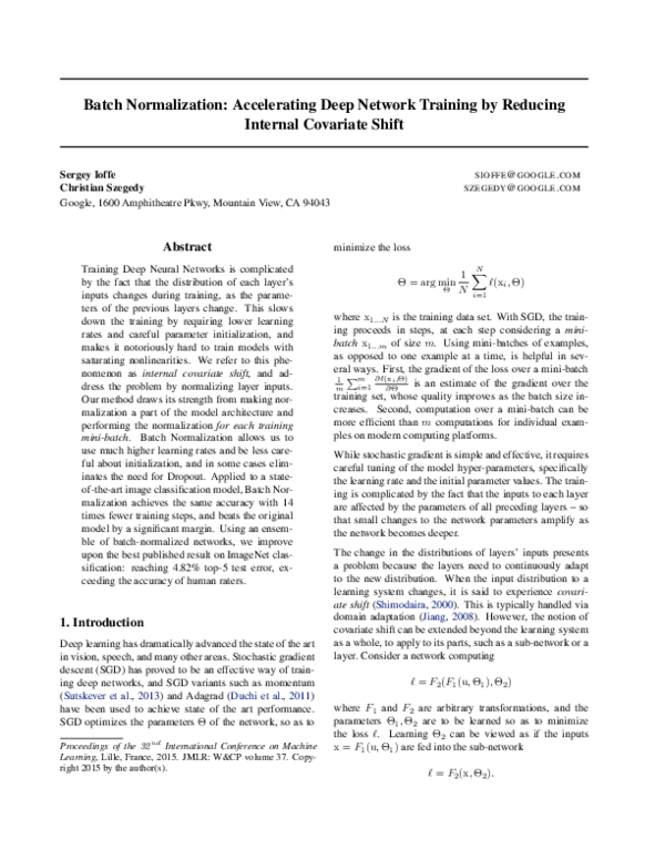Pdf Batch Normalization Accelerating Deep Network Training By Reducing Internal Covariate Shift