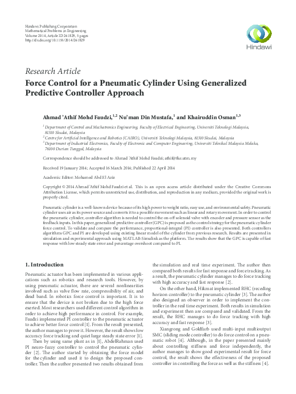 Pdf Force Control For A Pneumatic Cylinder Using Generalized Predictive Controller Approach