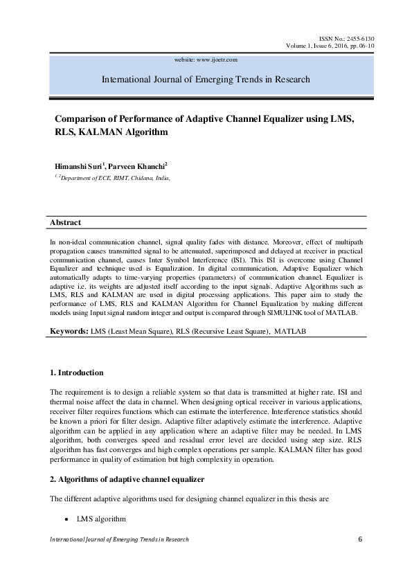 (PDF) Comparison of Performance of Adaptive Channel Equalizer using LMS,.pdf