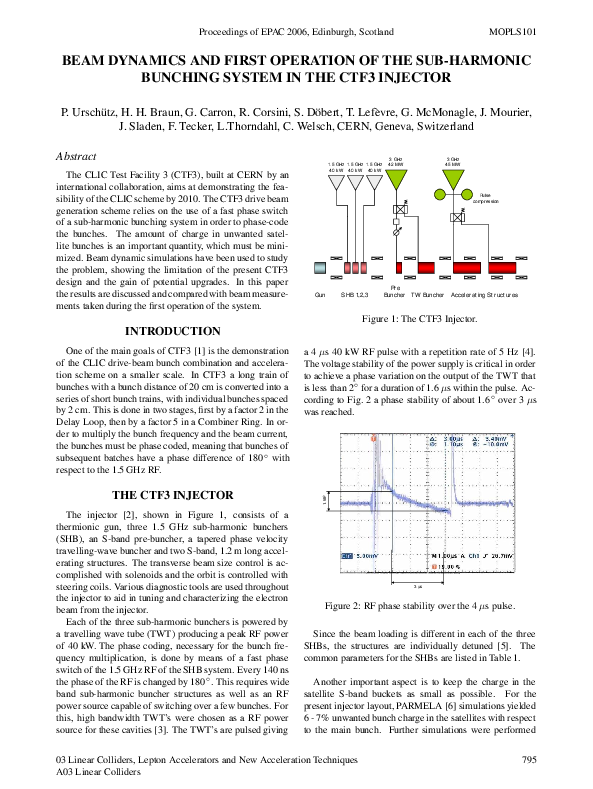 (PDF) Beam Dynamics and First Operation of the SubHarmonic Bunching System in the CTF3 Injector