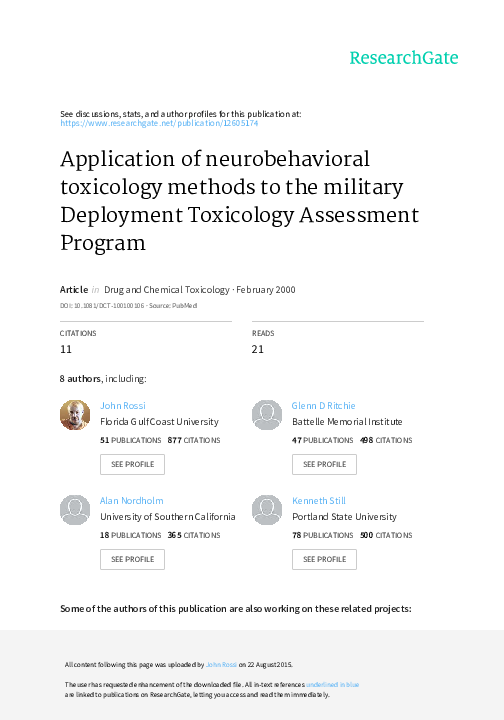 (PDF) APPLICATION OF NEUROBEHAVIORAL TOXICOLOGY METHODS TO THE MILITARY ...