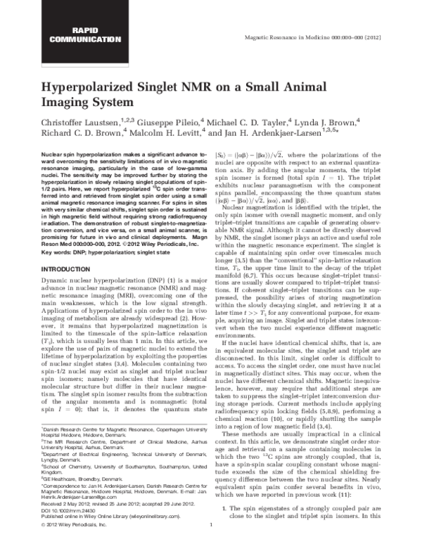 (PDF) Hyperpolarized singlet NMR on a small animal imaging system