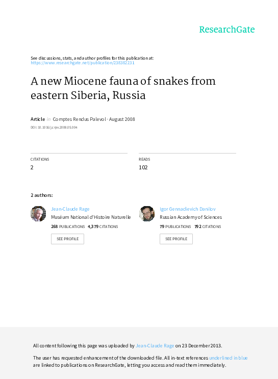 (PDF) A new Miocene fauna of snakes from eastern Siberia, Russia