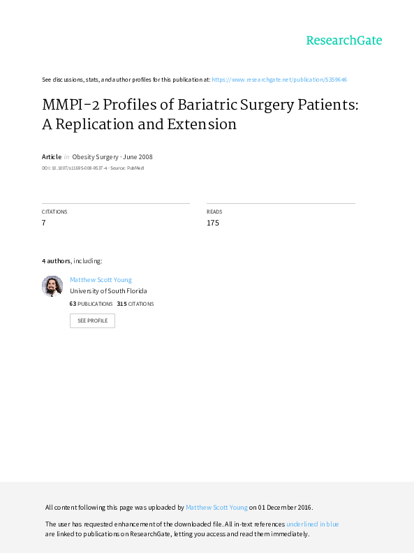 (PDF) MMPI-2 Profiles of Bariatric Surgery Patients: A Replication and ...