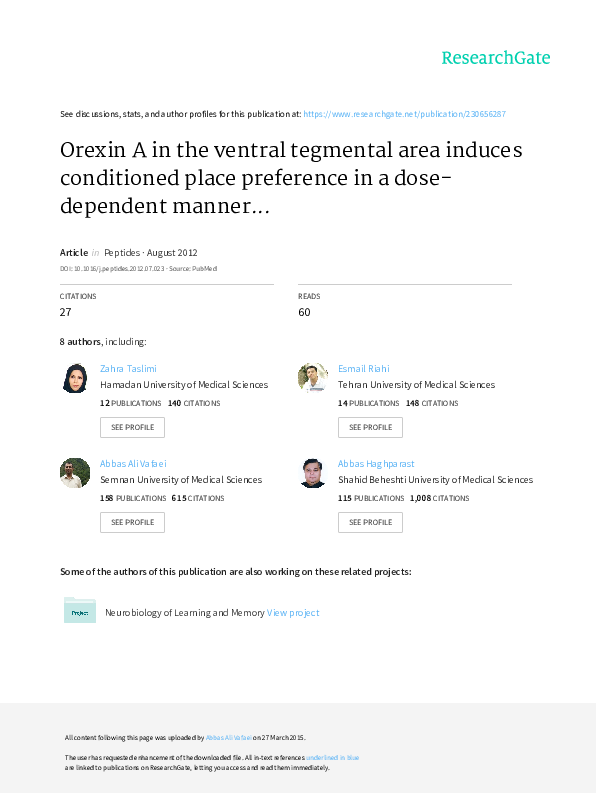 (PDF) Orexin A in the ventral tegmental area induces conditioned place ...