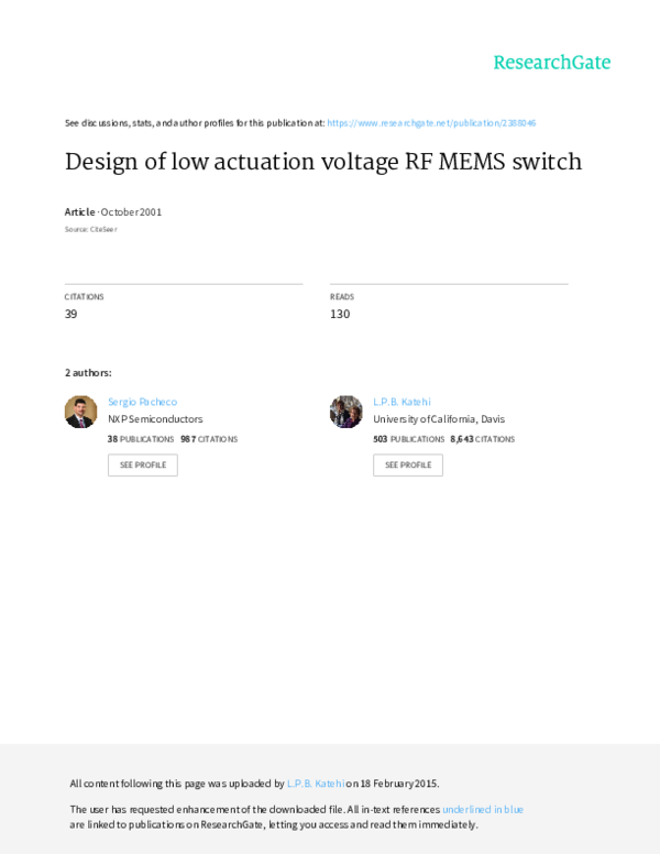 Pdf Design Of Low Actuation Voltage Rf Mems Switch