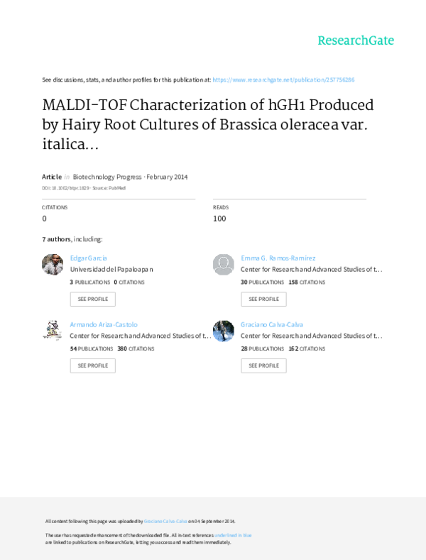 (PDF) MALDI-TOF characterization of hGH1 produced by hairy root ...