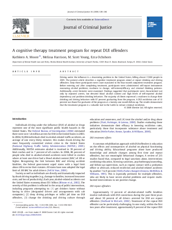 (PDF) A cognitive therapy treatment program for repeat DUI offenders