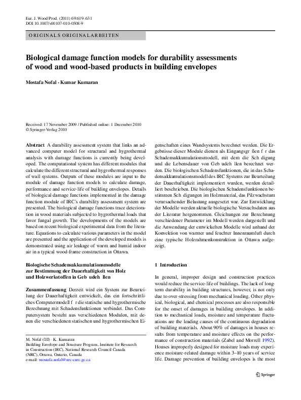 (PDF) Biological damage function models for durability assessments of ...