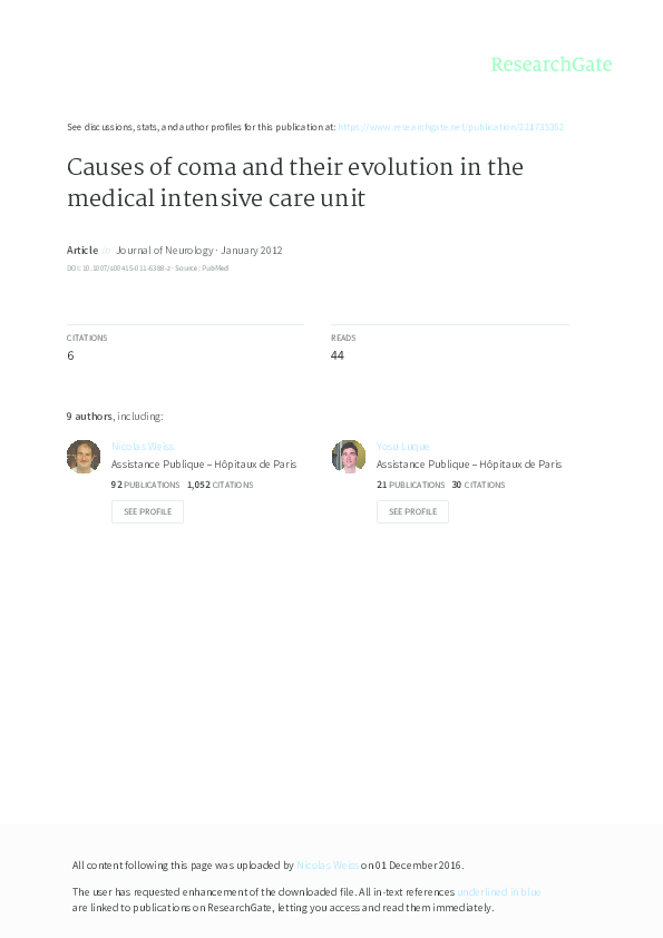 (PDF) Causes of coma and their evolution in the medical intensive care unit