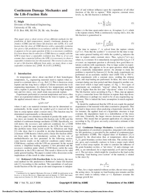 (PDF) Continuum Damage Mechanics and the Life-Fraction Rule