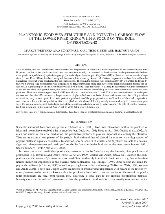(PDF) Planktonic food web structure and potential carbon flow in the lower River Rhine with a ...