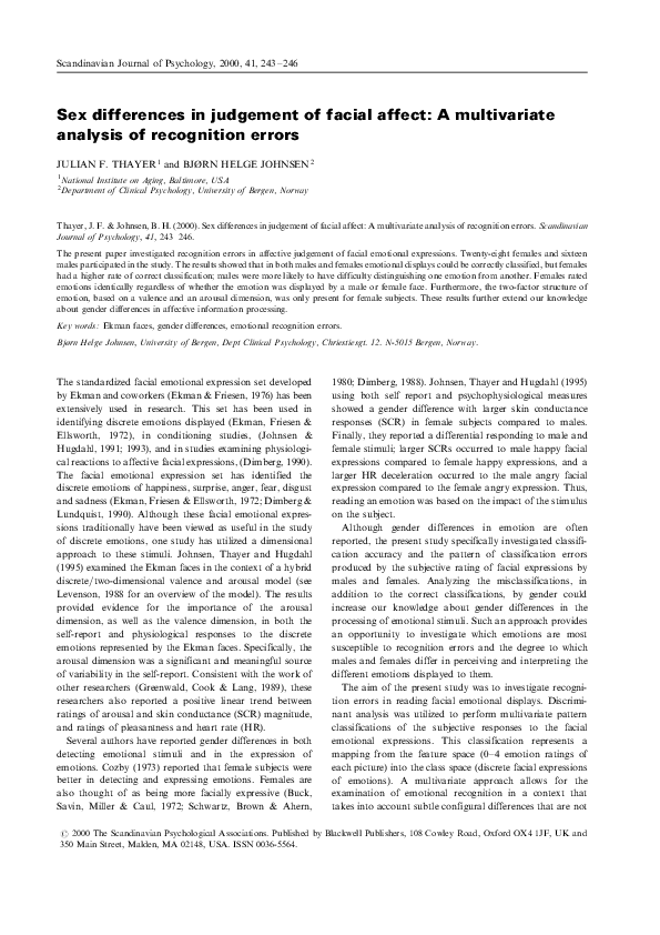 Pdf Sex Differences In Judgement Of Facial Affect A Multivariate