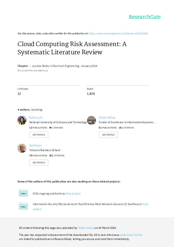Pdf Cloud Computing Risk Assessment A Systematic Literature Review
