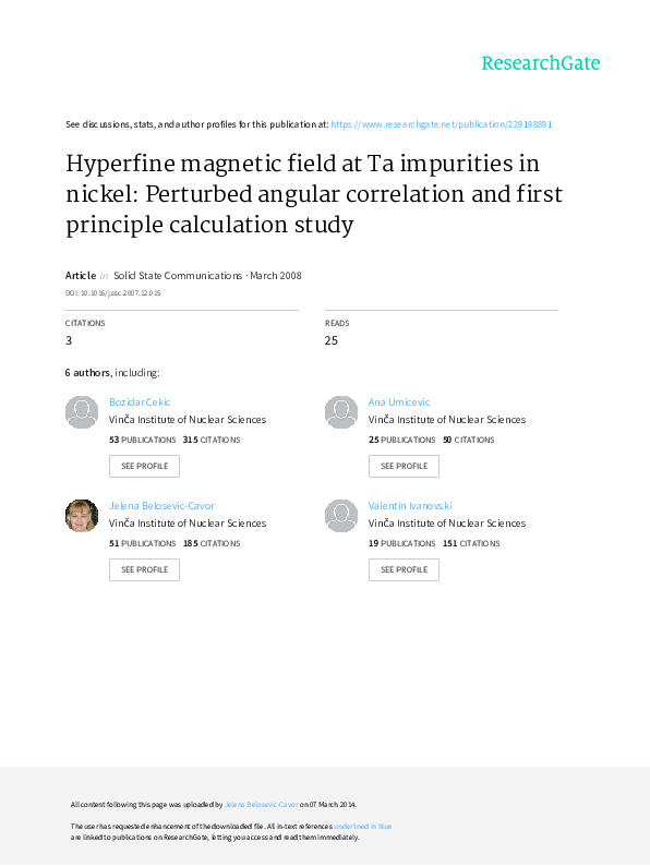 (PDF) Hyperfine magnetic field at Ta impurities in nickel: Perturbed angular correlation and ...
