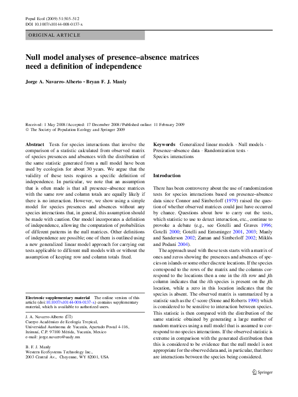 (PDF) Null model analyses of presence absence matrices need a definition of independence