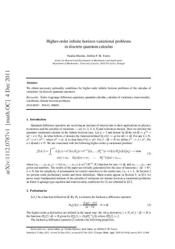 (PDF) Higher-order infinite horizon variational problems in discrete quantum calculus