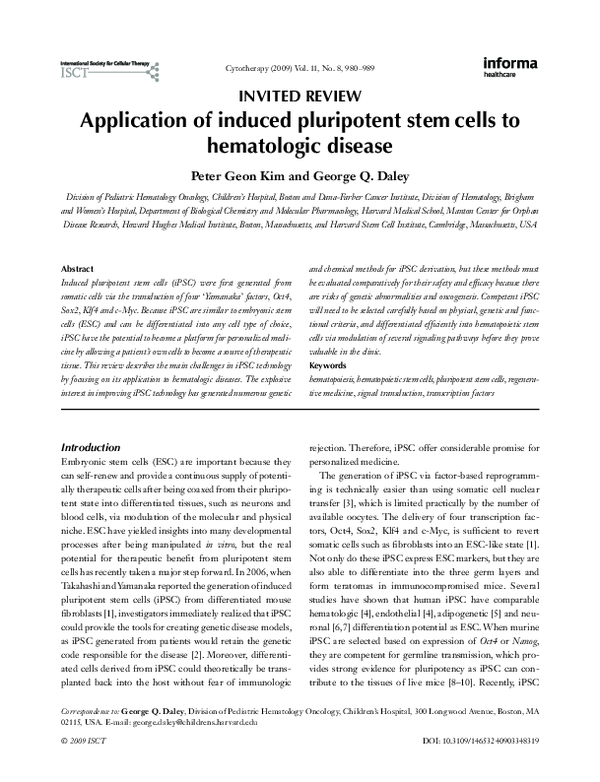 (PDF) Application of induced pluripotent stem cells to hematologic disease